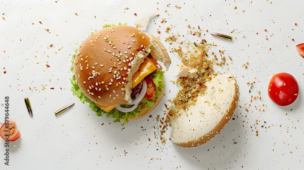 The remnants of a hamburger its structure disrupted and ingredients ...