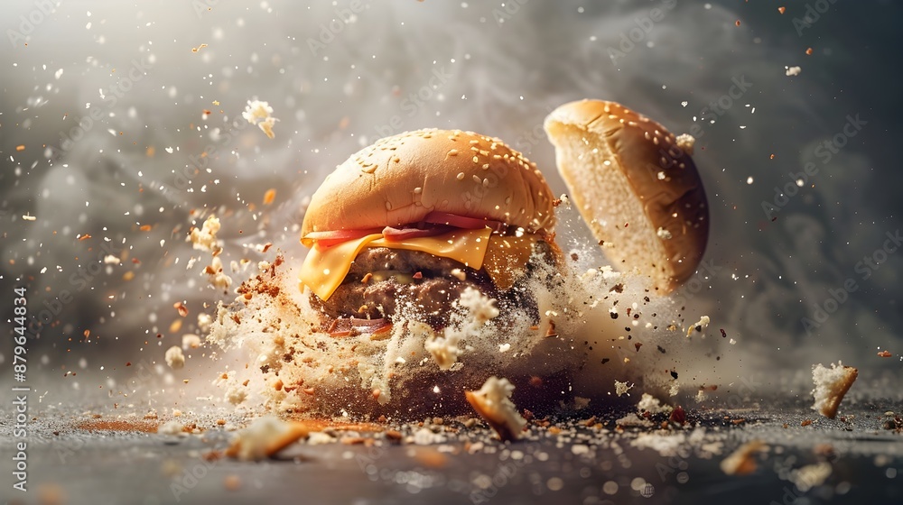 Shattered hamburger with dispersed bun fragments and filling captured ...