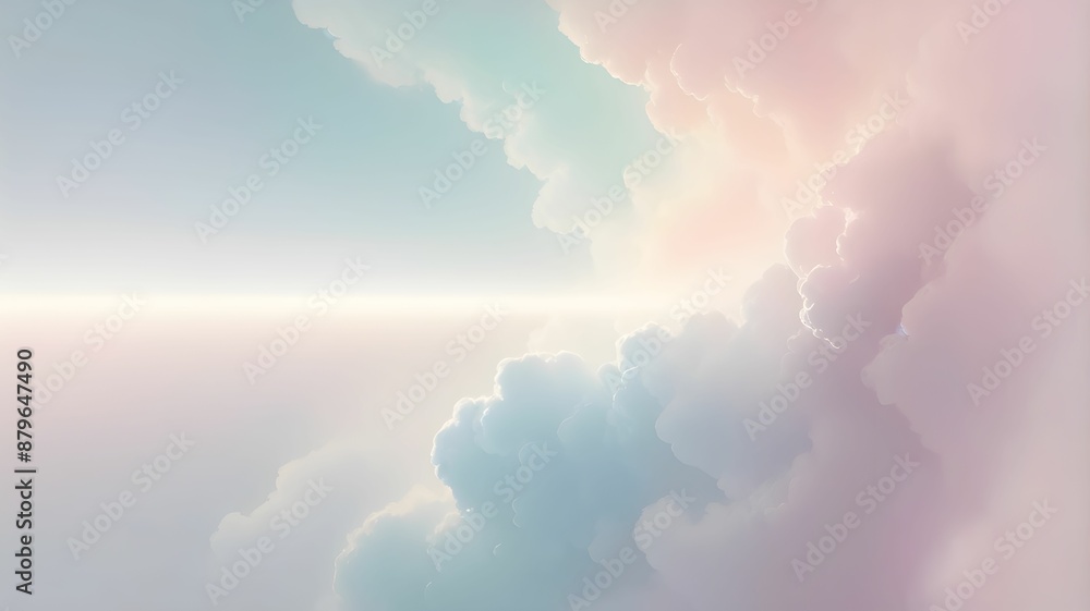 Soft, light beams through a misty and cloud background in pastel pink ...