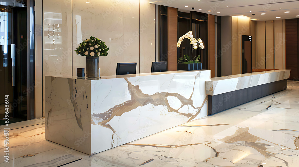 The image shows a modern hotel reception desk made of marble with a ...