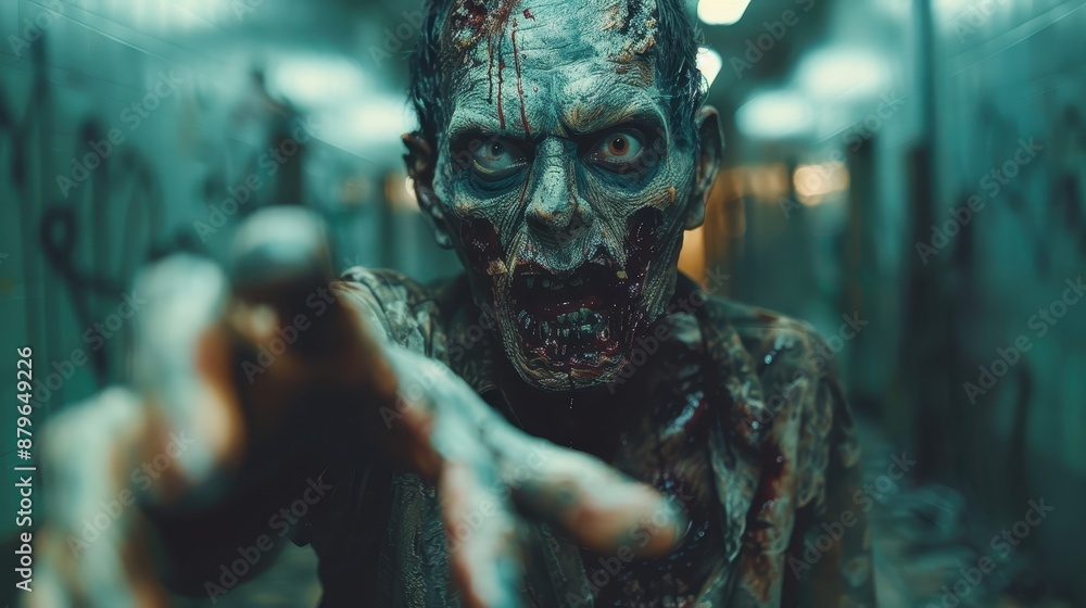 A grotesque zombie with bloodied face and torn clothes lunges at the ...