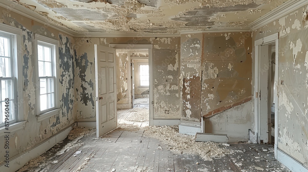 The image reveals an empty room in a state of disrepair, with peeling ...