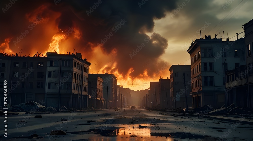 Apocalyptic Cityscape: Downtown Destroyed by War,burnt city skyline ...