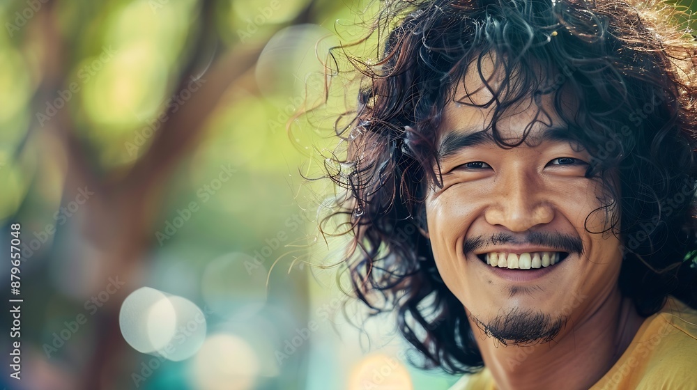 Foto de 40s asian man with long curly hair look camera thailand Happy ...
