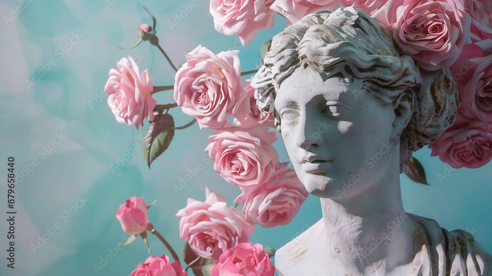 Female antique statues head with pink flowers roses in the cut isolated ...