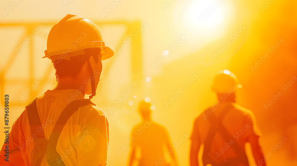 Heat wave, construction workers in hot weather,hot weather shines a ...