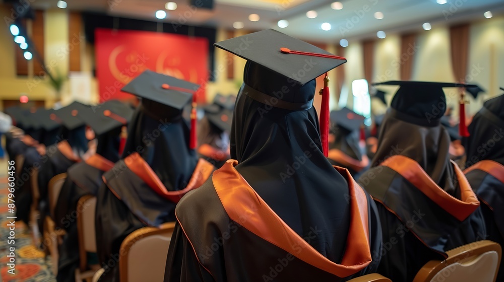 Back view of graduates students in hijab is attending the graduation ...