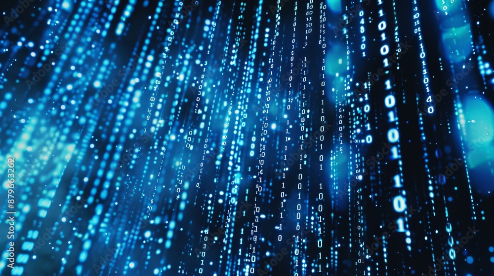 Binary digits rain vertically in a blue-toned digital art piece ...