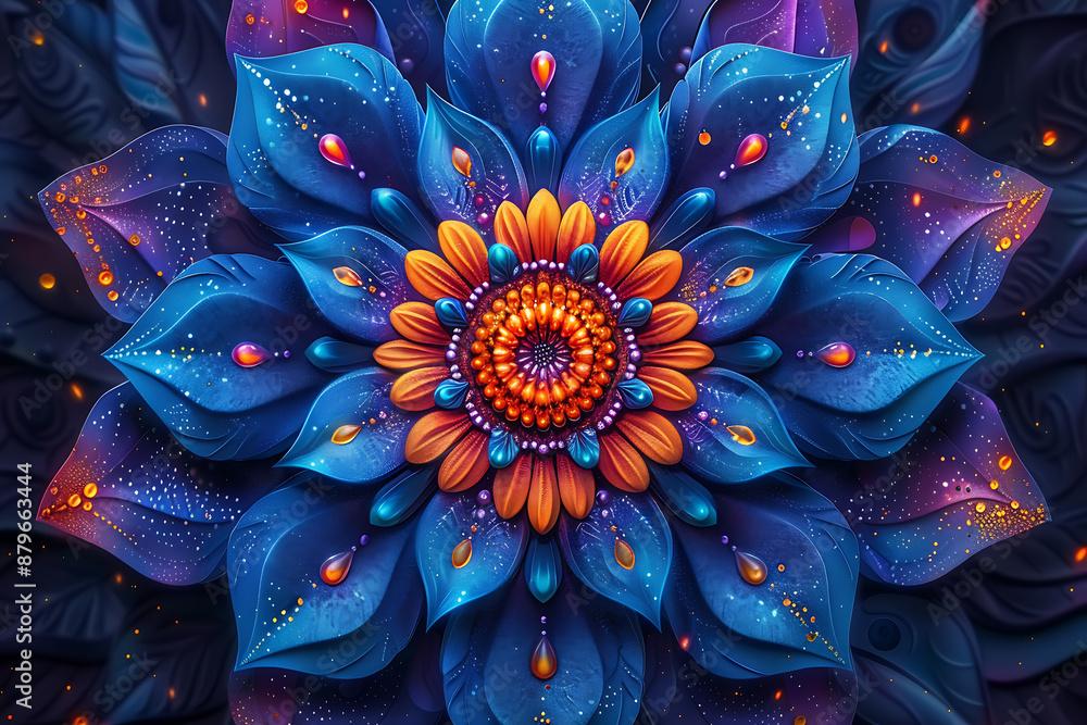 Hand-drawn cosmic motifs in the form of a mandala, using bright colors ...