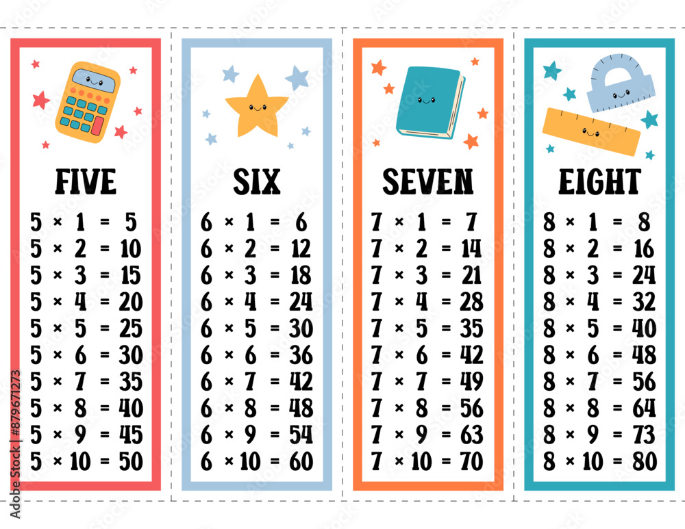 Times tables vector set. Printable multiplication table of five, six ...