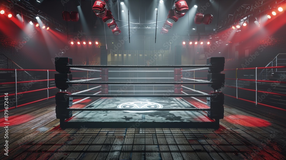 The photograph captures a boxing ring under intense red lighting ...