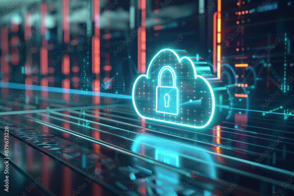 Glowing padlock is shining inside a cloud computing symbol, representing digital data storage ...