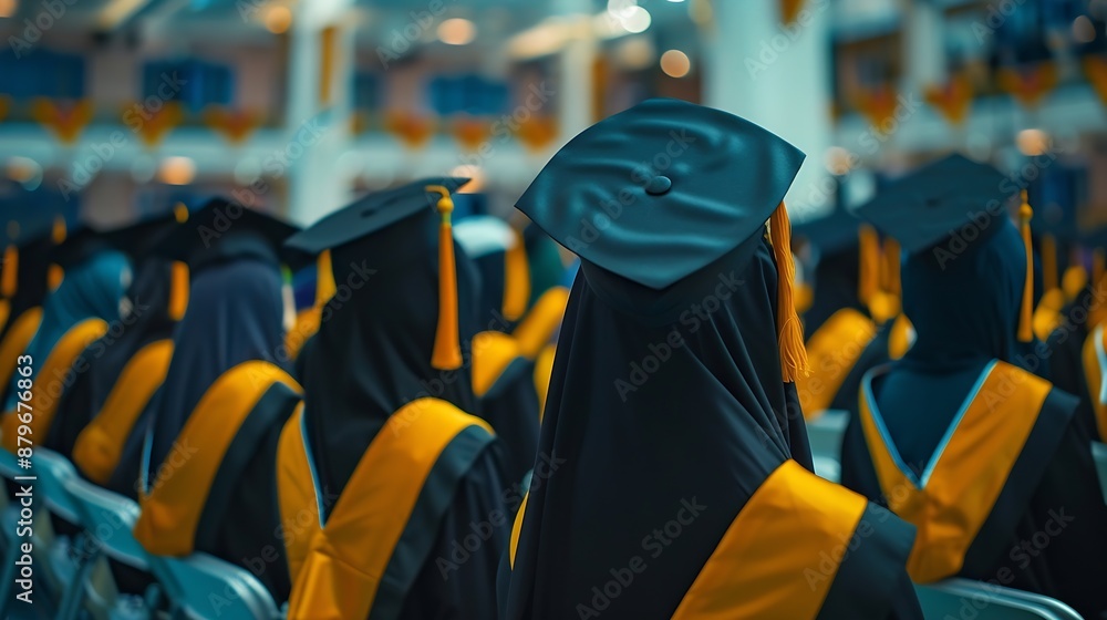 Back view of graduates students in hijab is attending the graduation ...