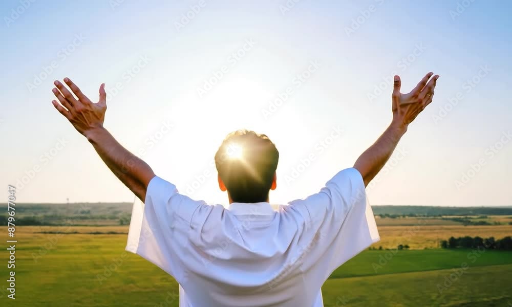 Jesus Christ with open arms reaching out in the sky, hand gestures of ...