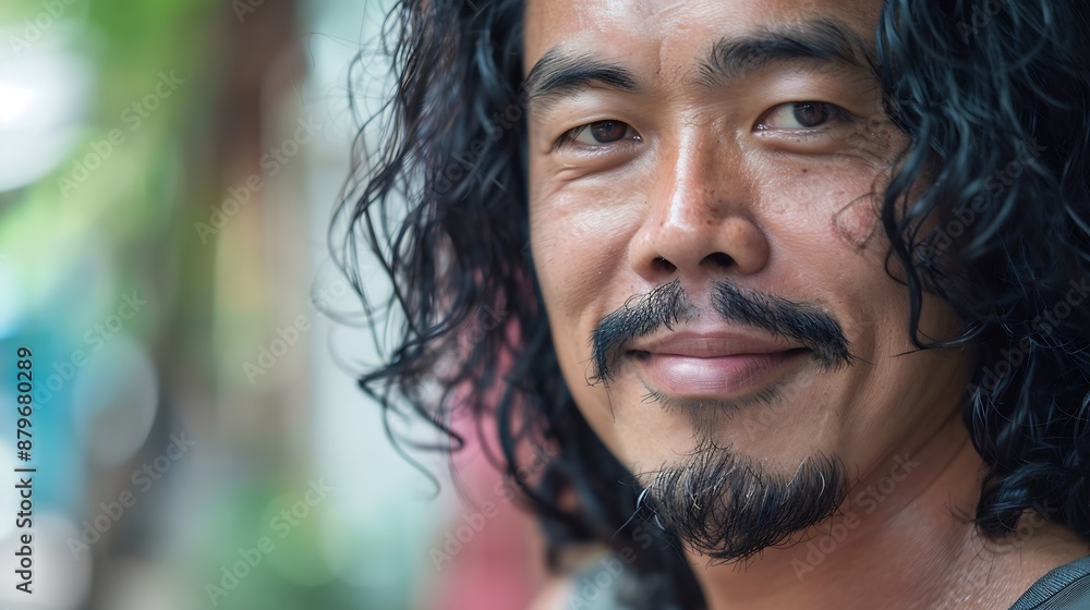 40s asian man with long curly hair look camera thailand Happy adult ...