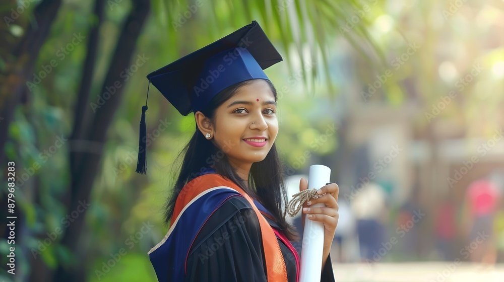 Young indian graduated girl holding his graduation degree convocation ...