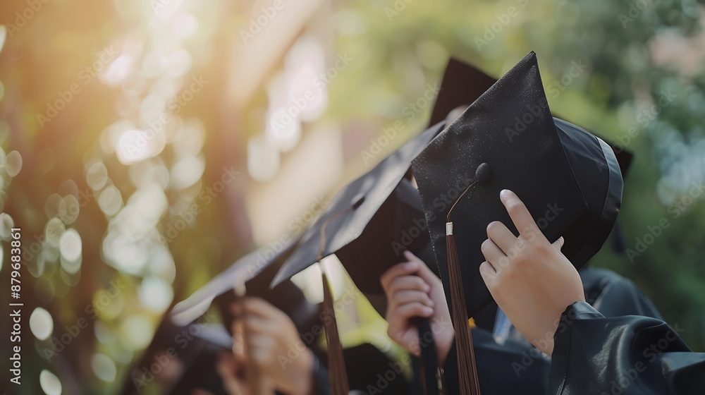 Student hold hats in hand during commencement success graduates of the ...