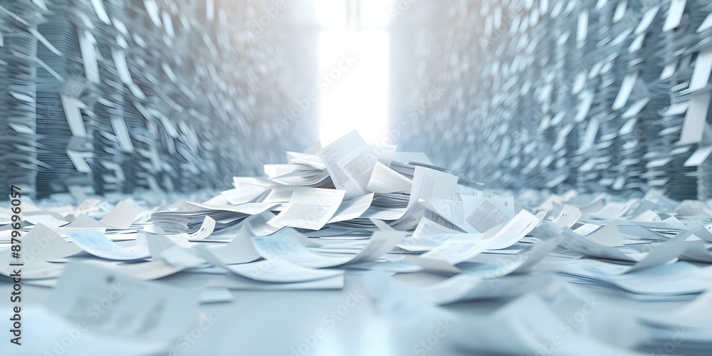 3D office space with exaggerated pile of papers overflowing onto floor ...