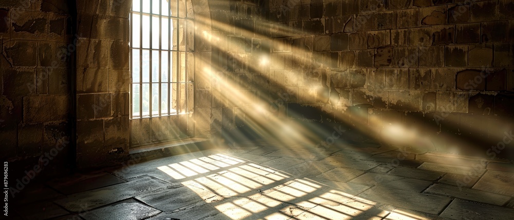 Sunlight rays streaming through a prison window, illuminating a dimly lit cell and highlighting ...