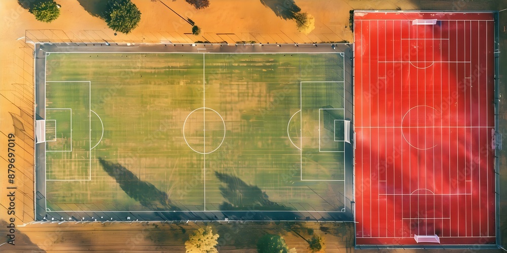 Bird's Eye View of Sports Complex Featuring Red Track and Soccer Field ...
