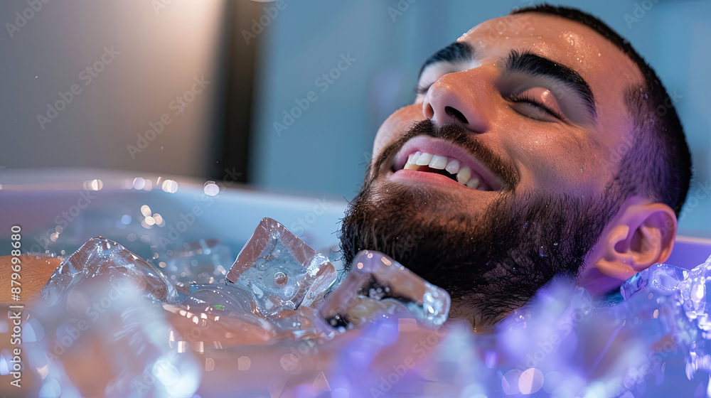 Man Taking an Ice Bath in a Spa: Cold Water Therapy with Floating Ice ...