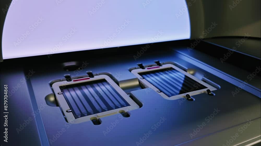 DNA sequencer. Gloved hand is handling flow cell with multiple lanes ...