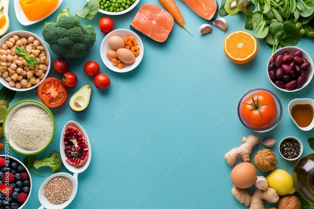 Photo realistic colorful assortment of balanced diet foods on a table ...