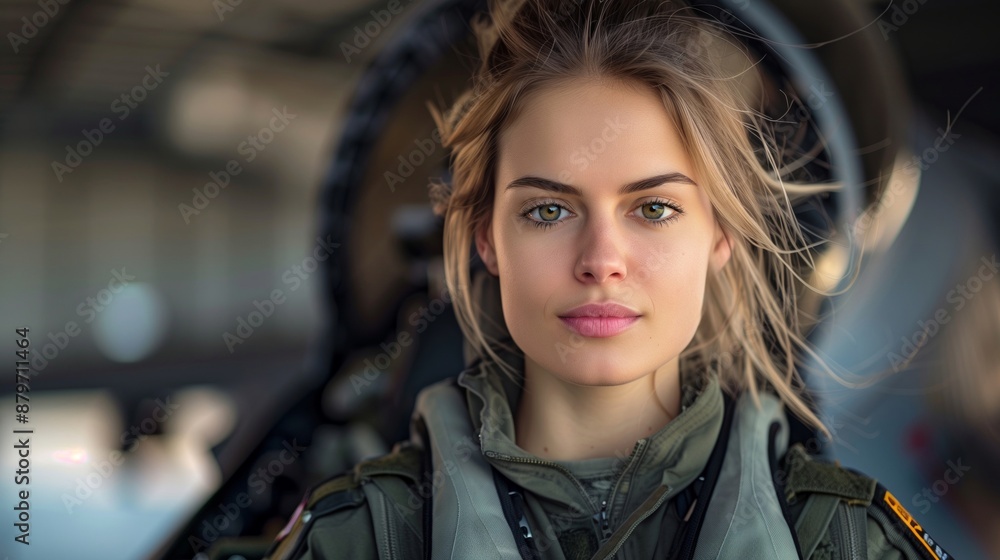 Confident Female Fighter Pilot Portrait In Military Flight Suit, Windy ...
