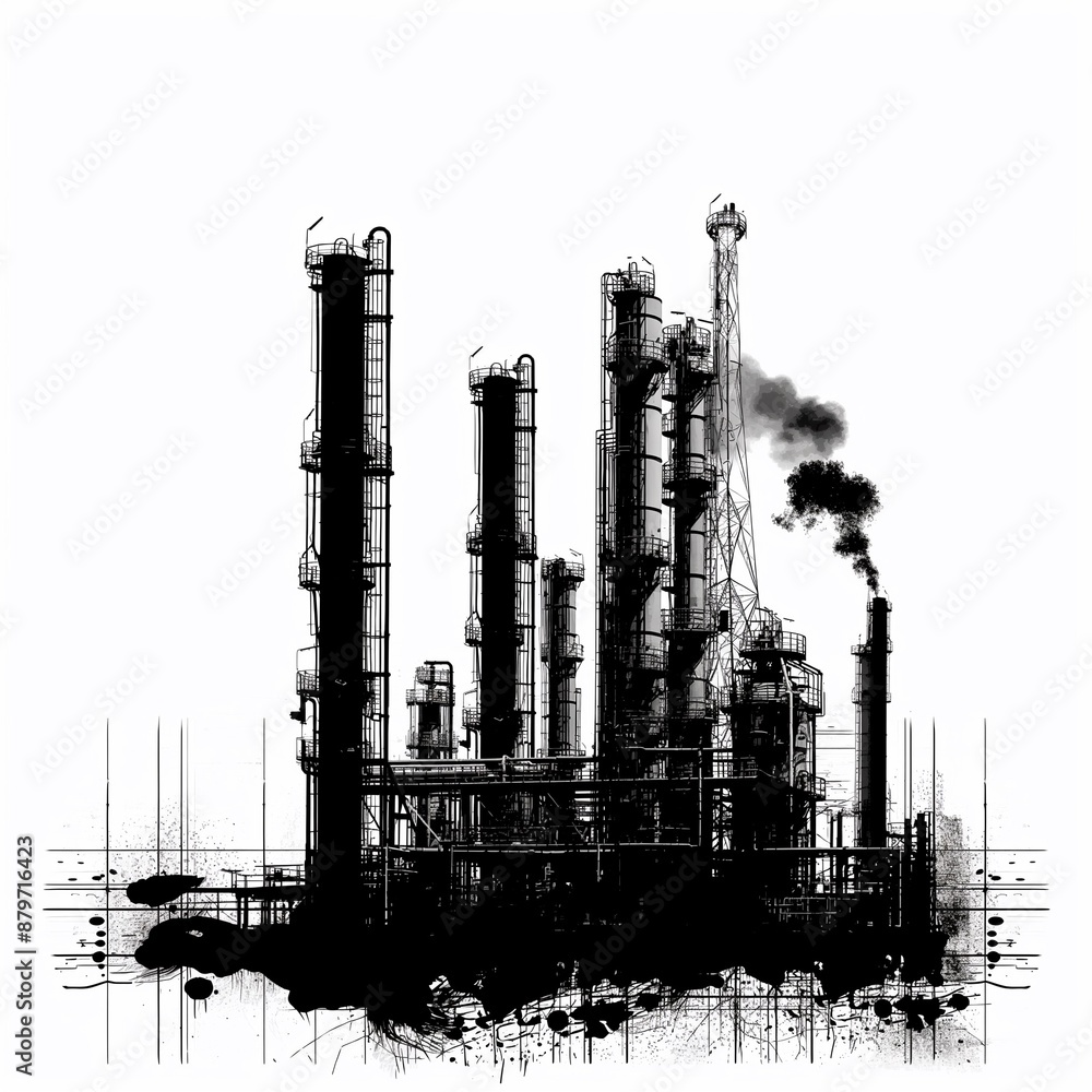 Monochromatic sketch of an oil refinery with transparent background ...