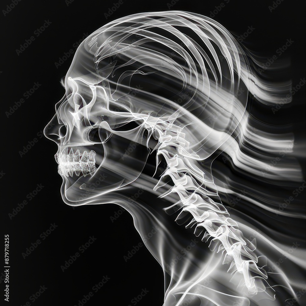 X-ray side view of a human skull and spine with a flowing, abstract ...