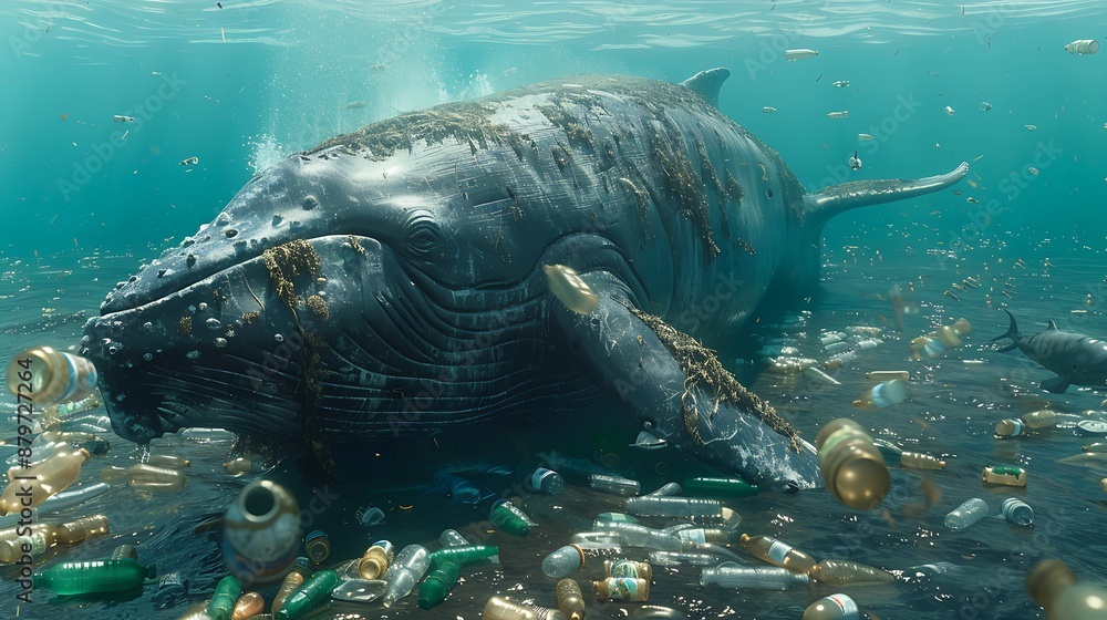 Whale eating garbage and plastic bottles on a trash island, conveying ...