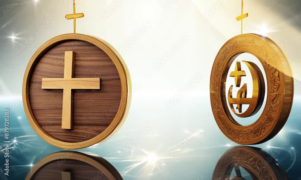 Religious symbols. Christianity cross, Islam crescent, Buddhism dharma ...