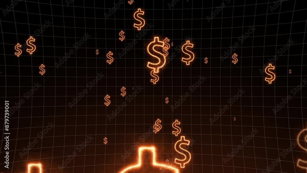 Glowing Dollar Currency Flying On Grid and light Background. looping ...