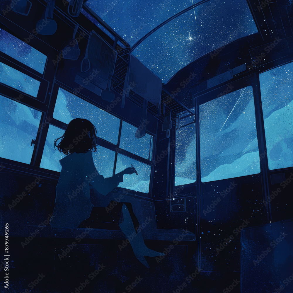 Night Bus Journey Under a Starry Sky with Shooting Stars and ...