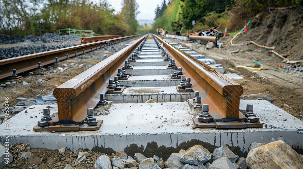 Connection of old and new railroad sections; rails on concrete and ...