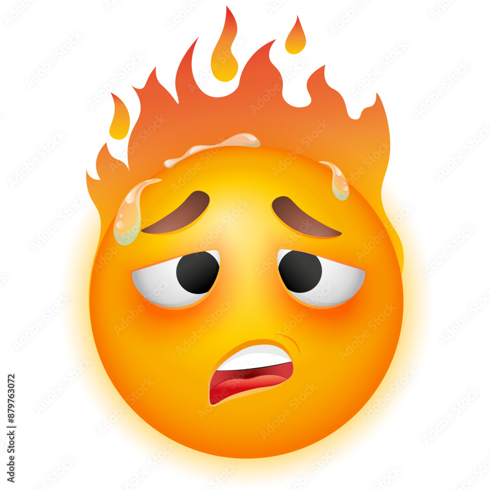 Hot emoji with flame. Overheated sweating emoticon. Vector emoji on ...