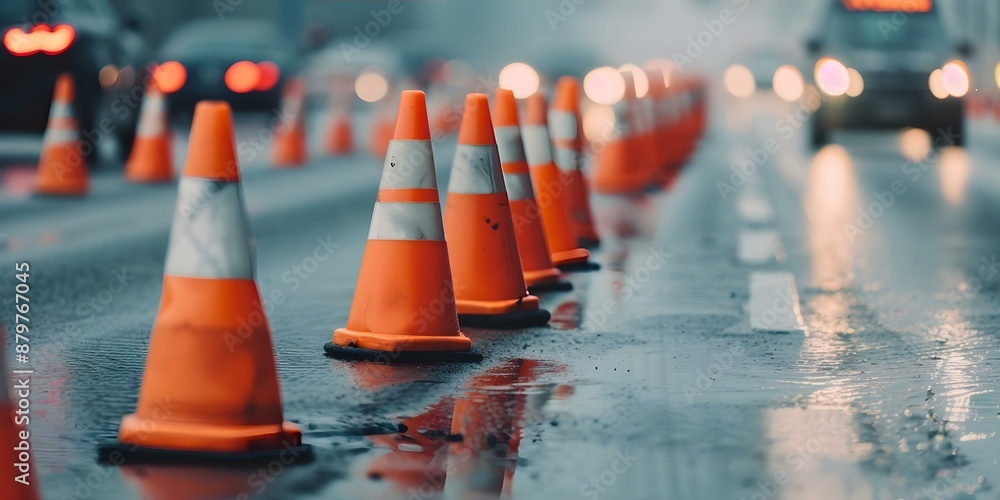 Traffic congestion during the day with lane closure indicated by ...