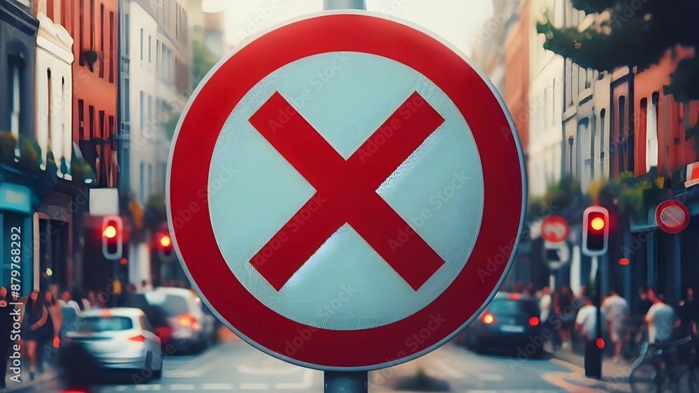 red stop x traffic sign in a crowded city in blured background Stock ...