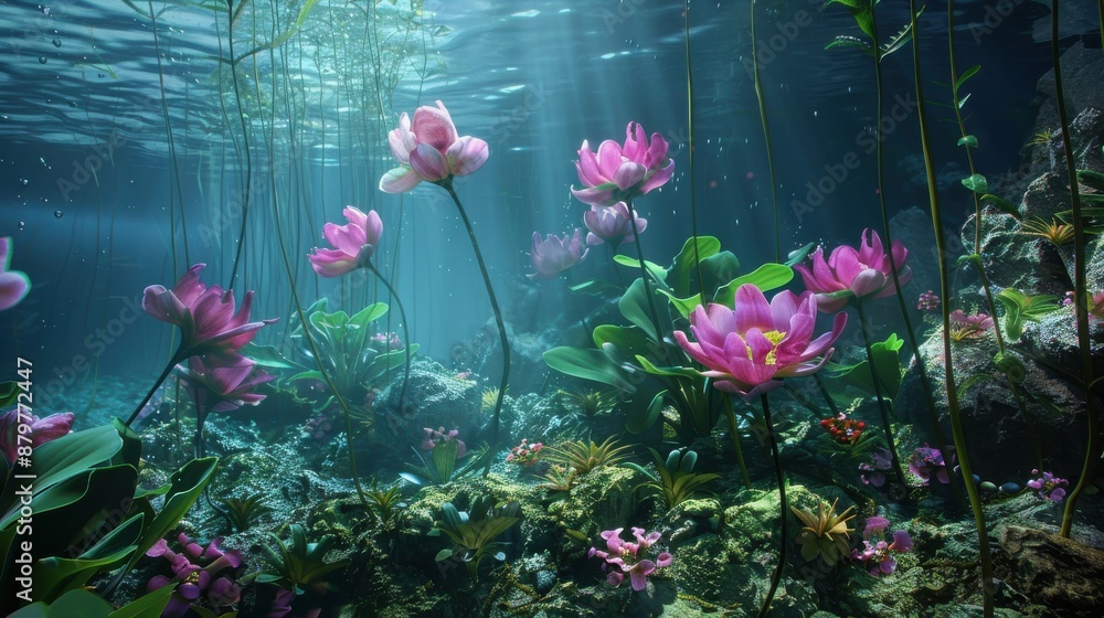 Flowers sprouting in the abyss of the ocean, blending aquatic mystery ...