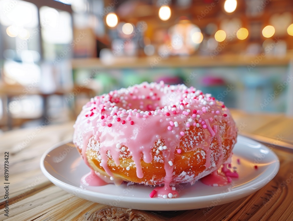 Tasty Pink Sprinkle Doughnut with Dripping Icing in Stylish Cafe ...