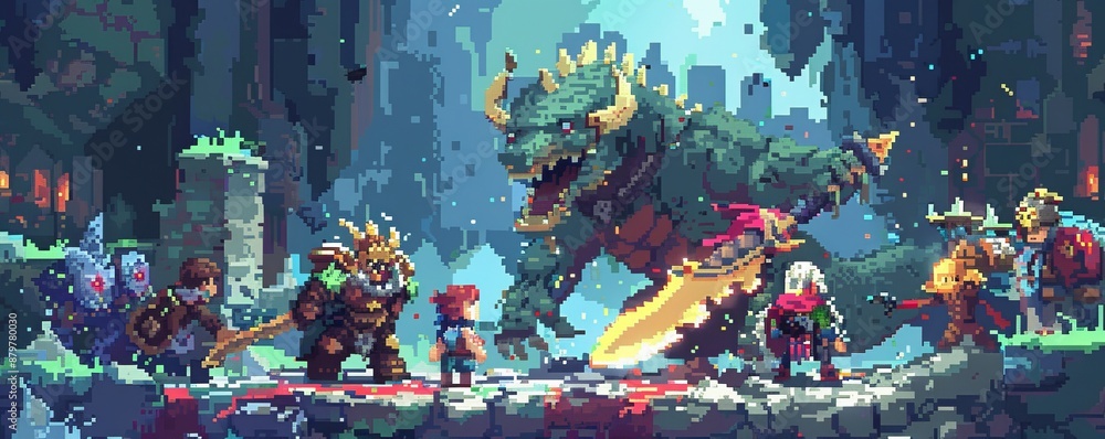 A pixel art rendition of a group of pixelated adventurers battling a ...