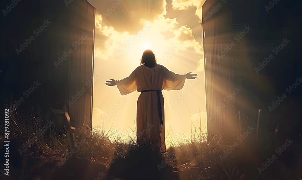 Silhouette of a Christ-like figure rising through open doors with ...