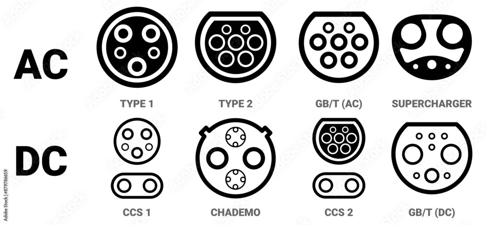 Types of electric vehicle plugs. standard charging connector plug and ...