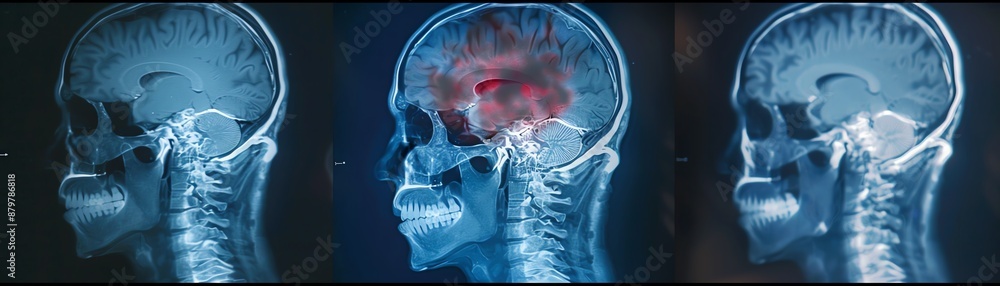 Series of brain x-ray scans, highlighting a focal point of interest in ...