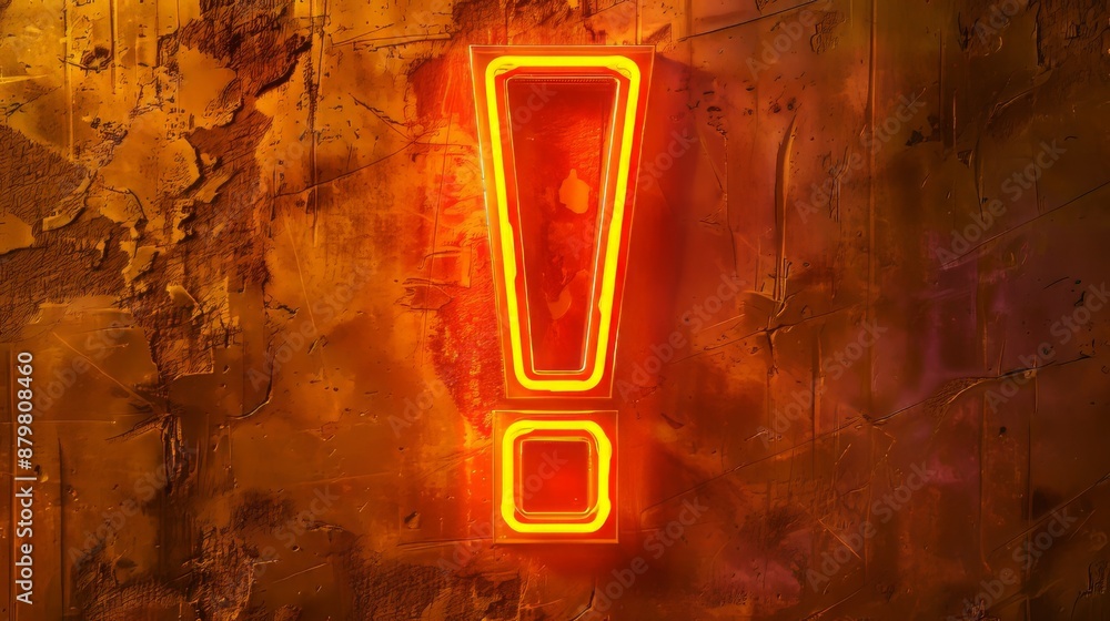 Neon exclamation mark on brick wall. Glowing red exclamation mark neon ...