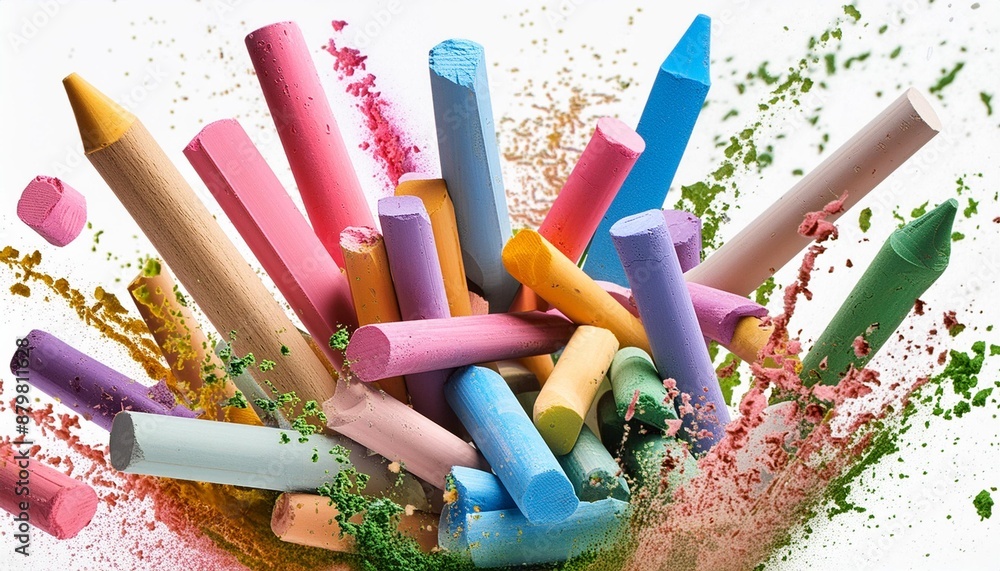colorful chalk sticks explode in a cloud of vibrant dust creating a ...