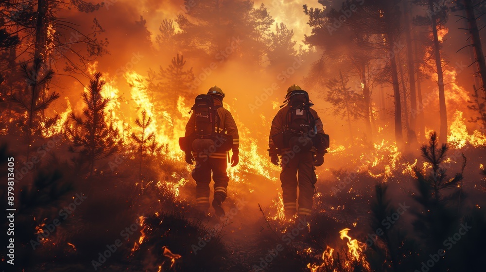 Dynamic scene of two firefighters in full gear actively fighting a ...