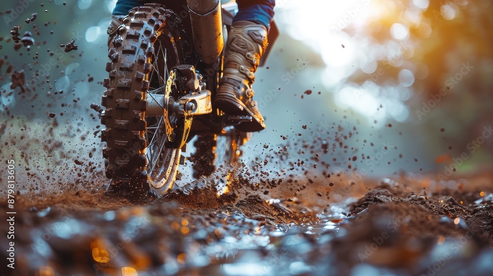 A close-up of a motorcycle tire spinning, causing mud to splash ...
