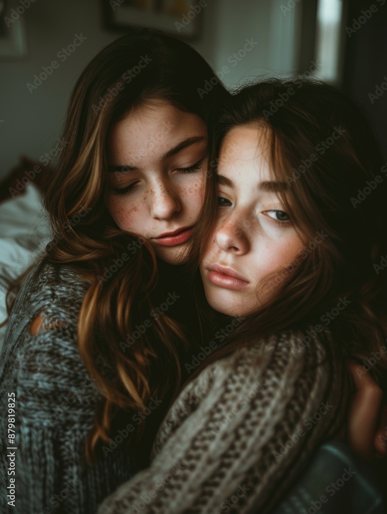 Intimate moment between two women on a bed, suitable for romantic or ...