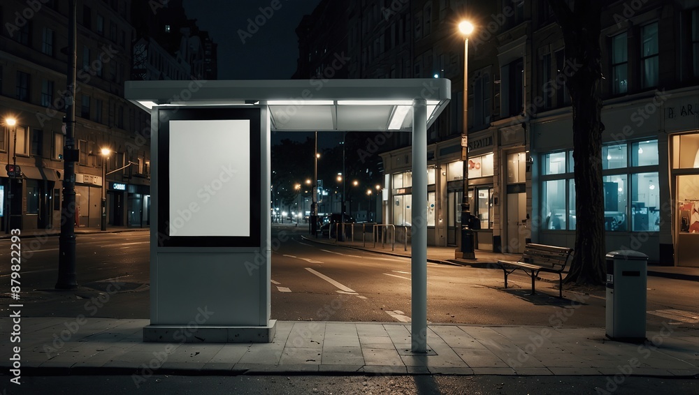 Blank white vertical digital billboard poster on city street bus stop ...